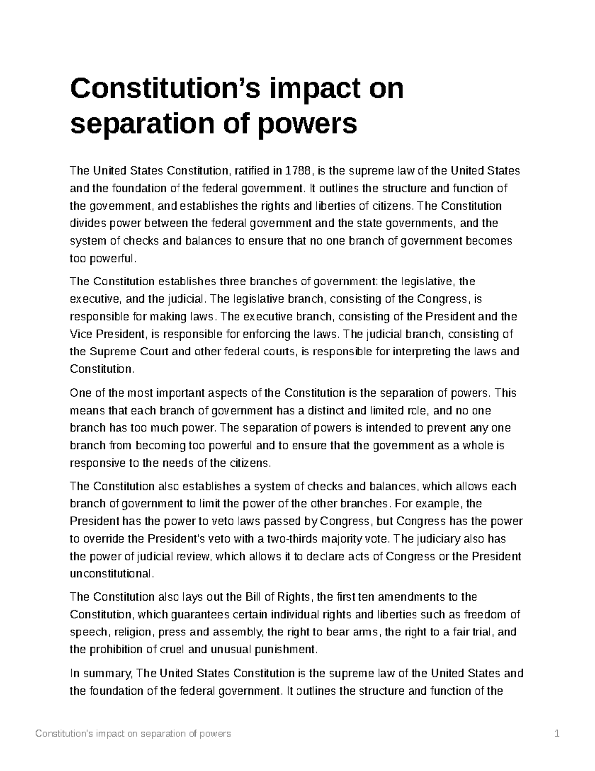 Constitutions impact on separation of powers - It outlines the ...