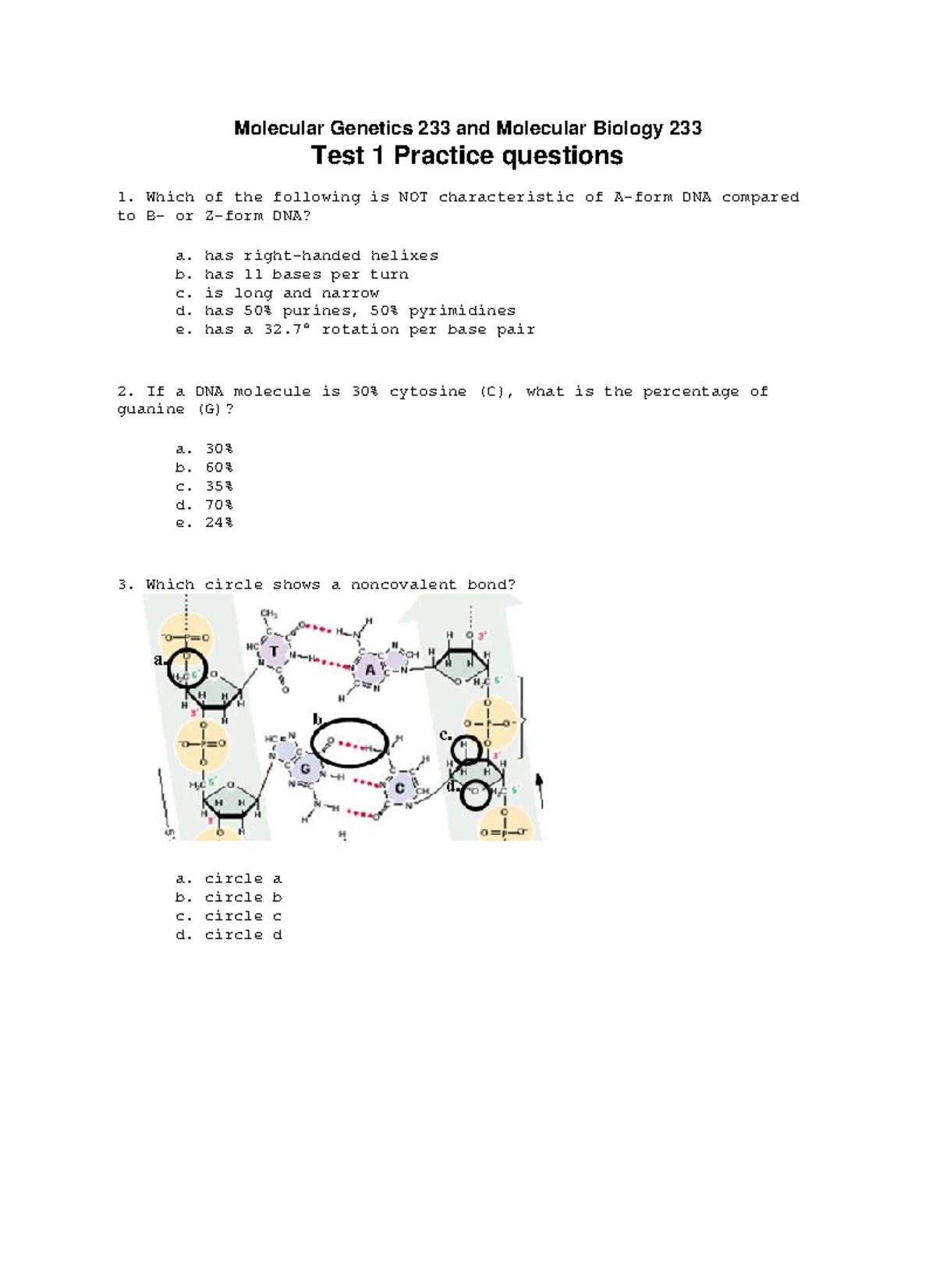 Sample/practice exam 2010, questions - practice test 1 - Molecular ...