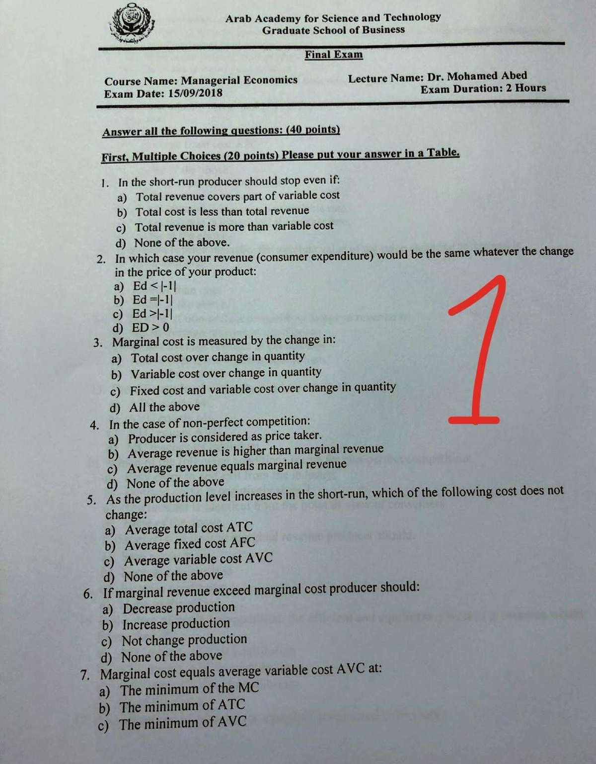 Final Exam 9 October 2018, questions - Arab academy for Science and ...