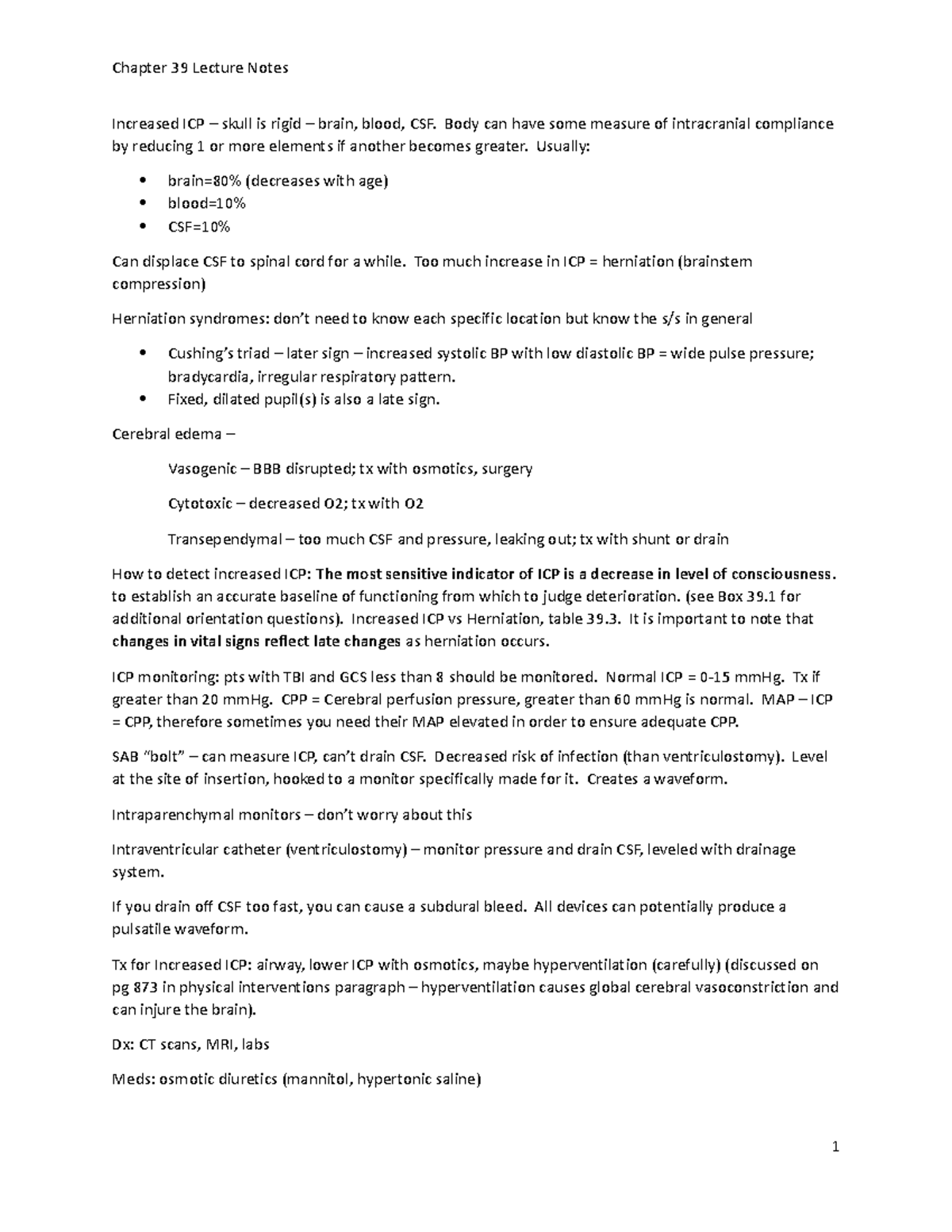 Ch 39 lecture notes - Chapter 39 Lecture Notes Increased ICP – skull is ...