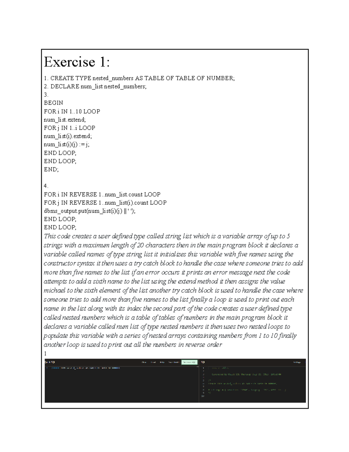 SQL PL lab with explanation - Exercise 1: CREATE TYPE nested_numbers AS ...
