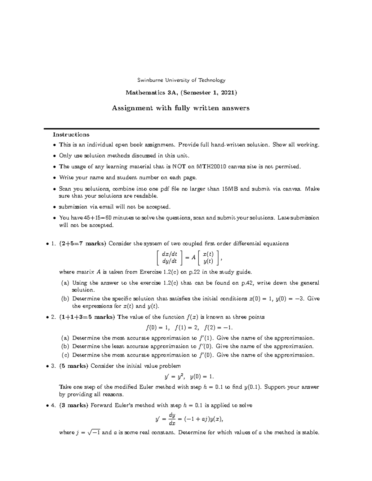 Mathematics 3A Assignment No answers - MTH20010 - Swinburne - Studocu