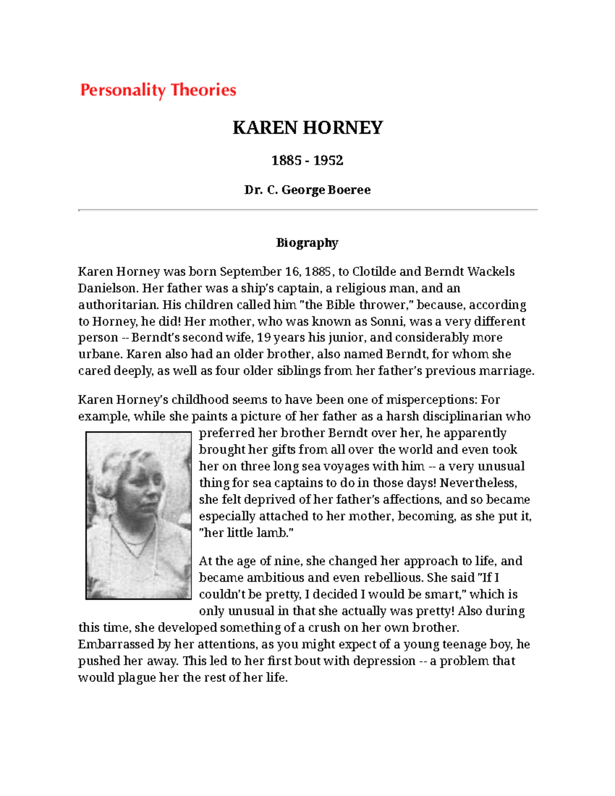 Horney - Very informative notes - KAREN HORNEY 1885 - 1952 Dr. C ...