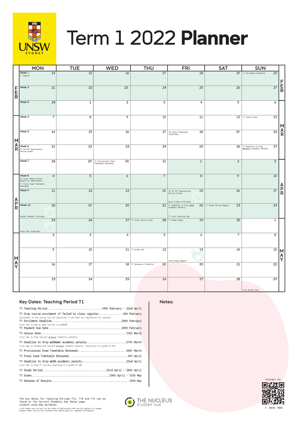 T1 2022 Planner - MON TUE WED 1 THU FRI 1 SAT SUN Key Dates: Teaching ...