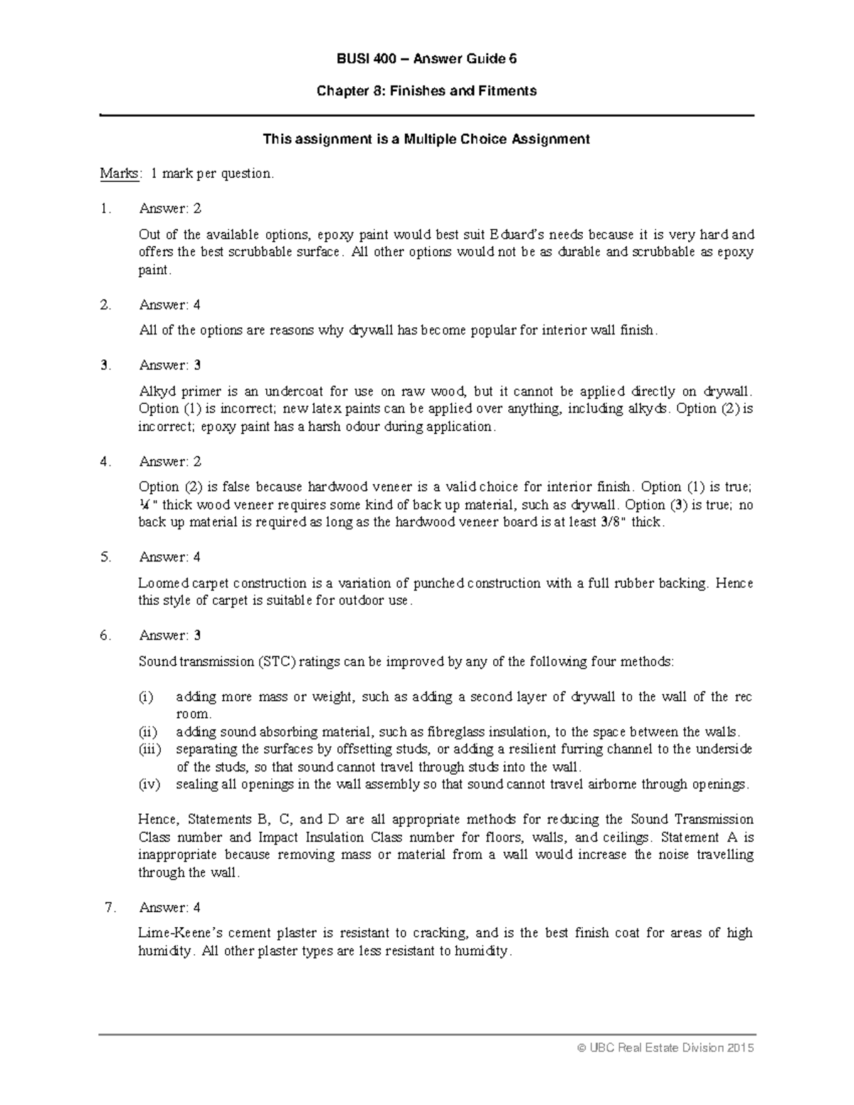 400 6 - assignments - © UBC Real Estate Division 2015 BUSI 400 – Answer ...