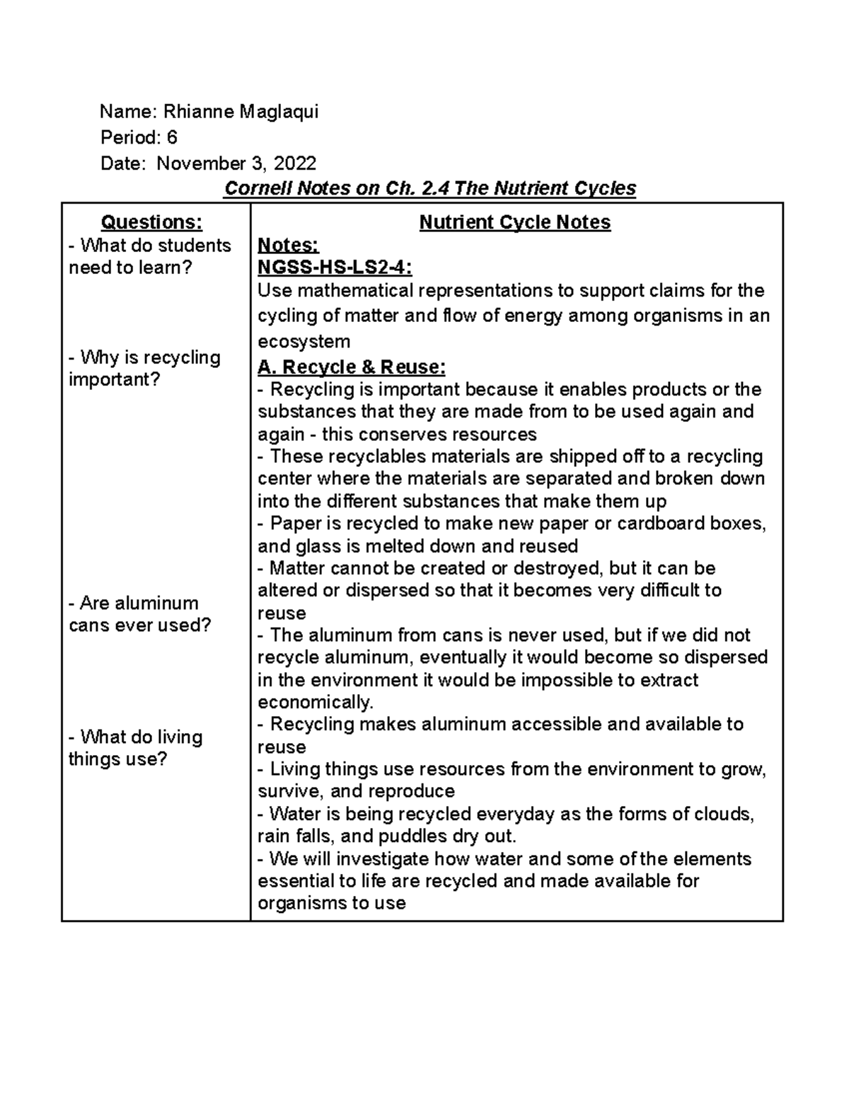 Cornell Notes on Ch. 2.4 The Nutrient Cycles - Name: Rhianne Maglaqui ...