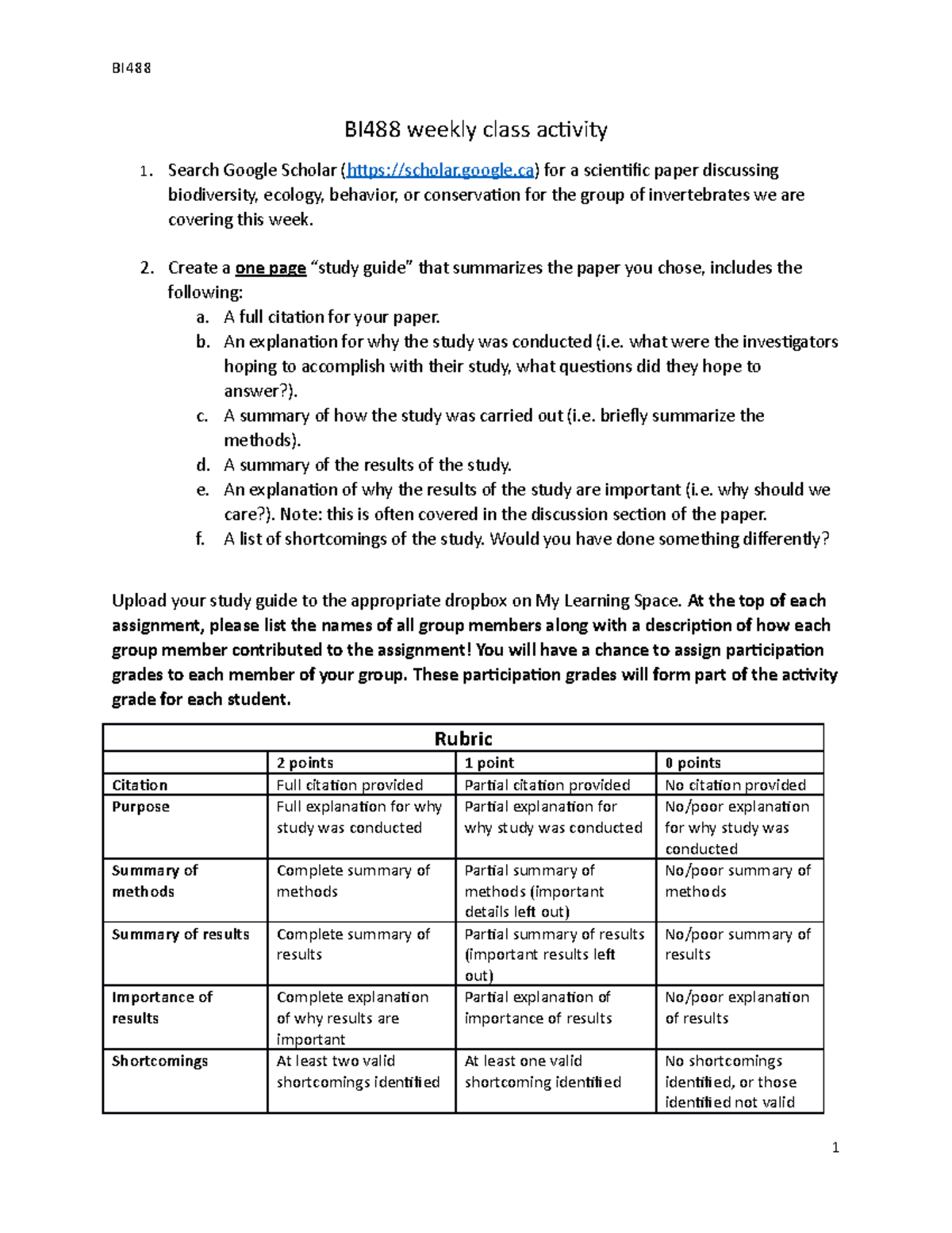 Weekly activities - course work - BI BI488 weekly class activity 1 ...