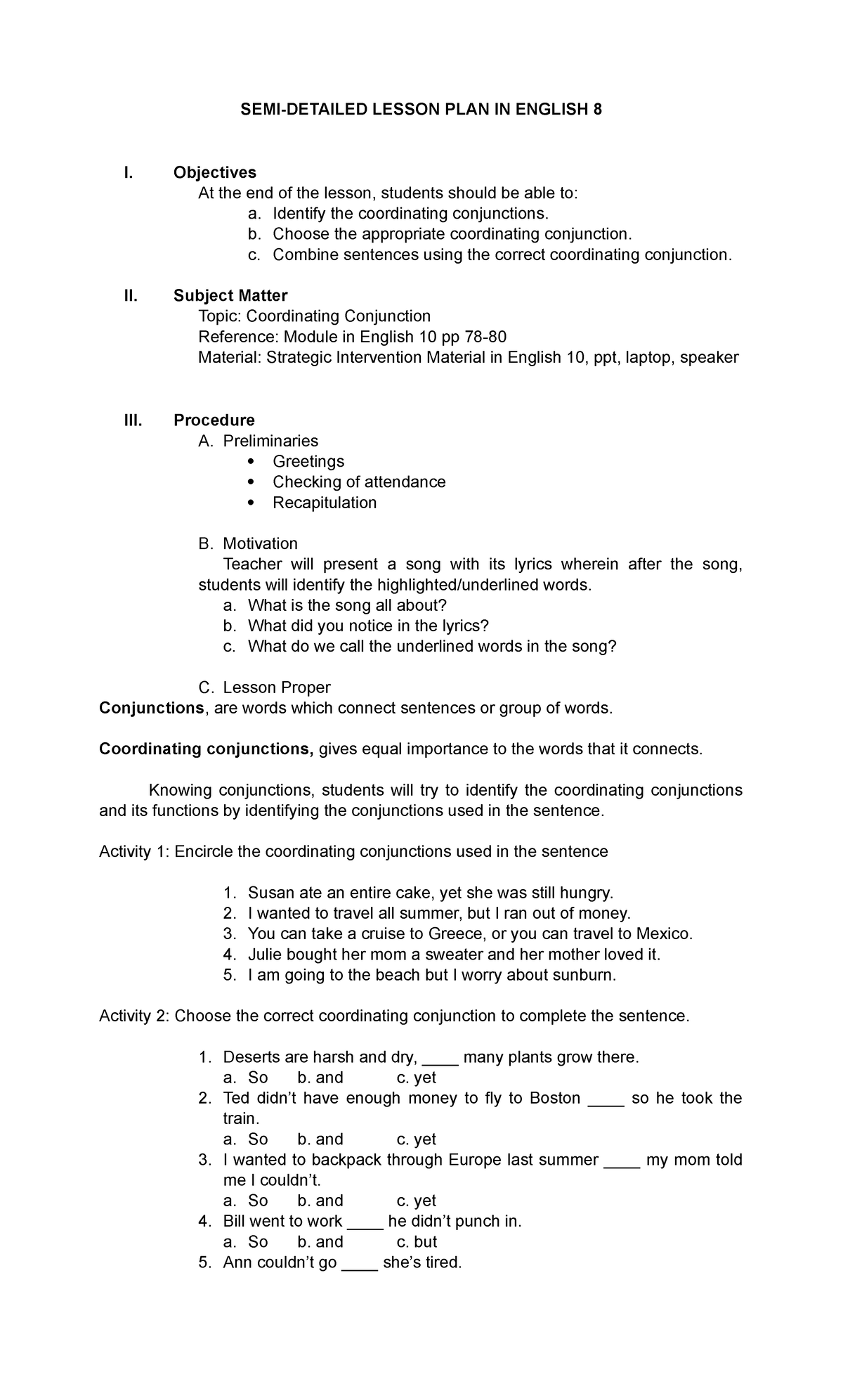 LP on Conjunctions - SEMI-DETAILED LESSON PLAN IN ENGLISH 8 I ...