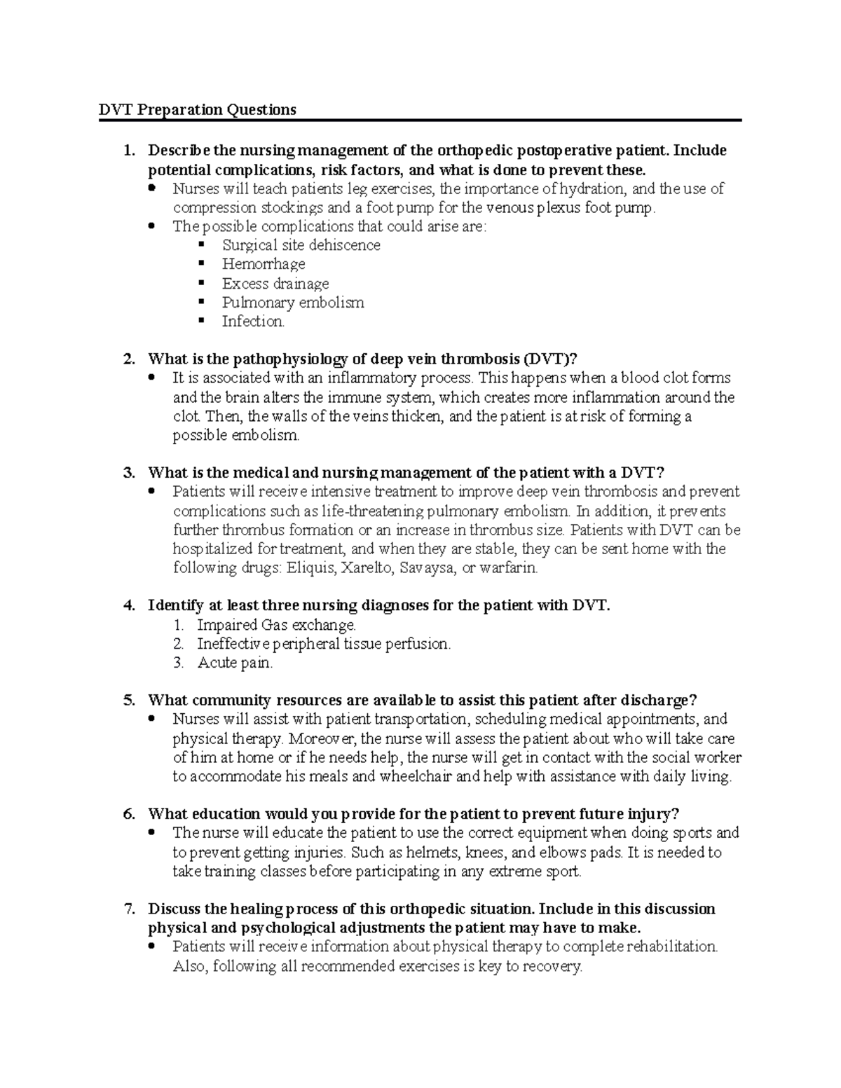 Preparation Questions - DVT Preparation Questions Describe the nursing ...