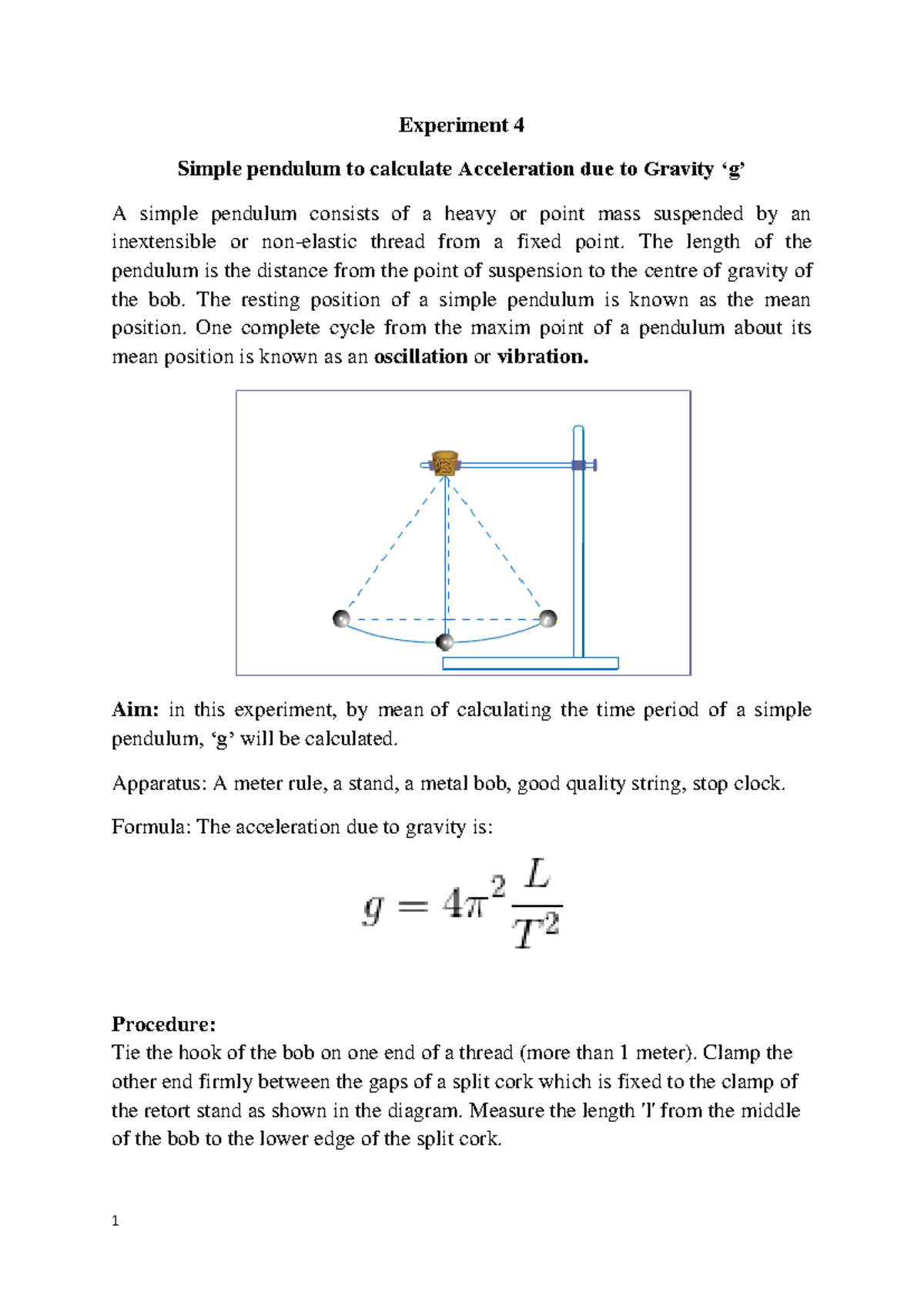 Experiment-4 - Experiment 4 - 1 Experiment 4 Simple pendulum to calculate Acceleration due to ...