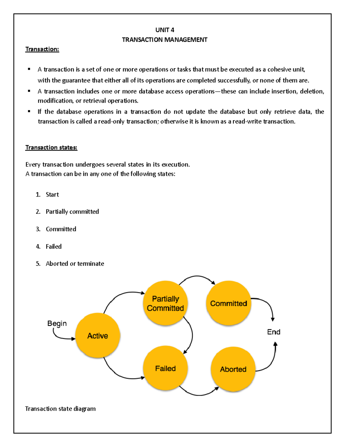 Transaction Management - UNIT 4 TRANSACTION MANAGEMENT Transaction: A ...