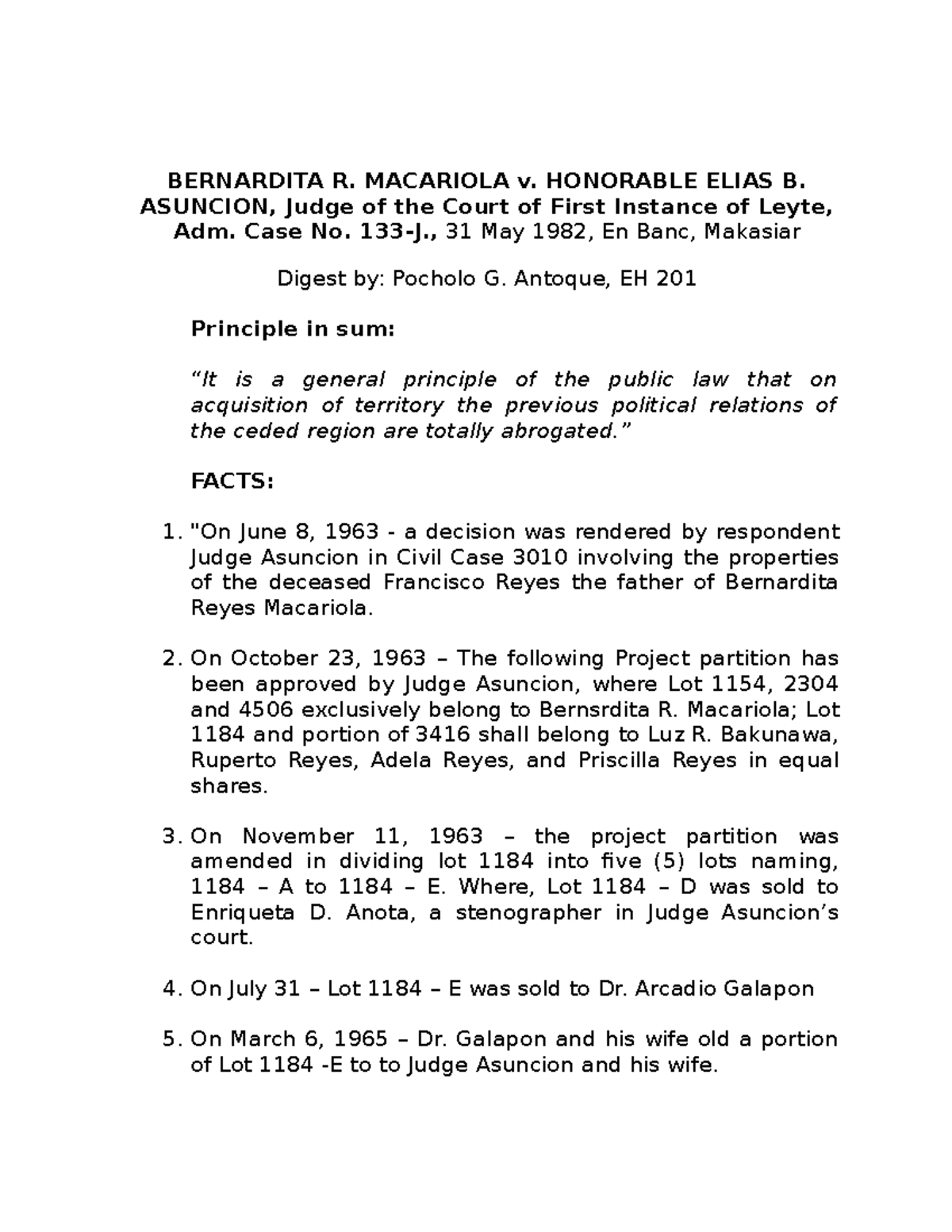 Macariola v. Asuncion (1982), Antoque, EH 201 - BERNARDITA R. MACARIOLA ...