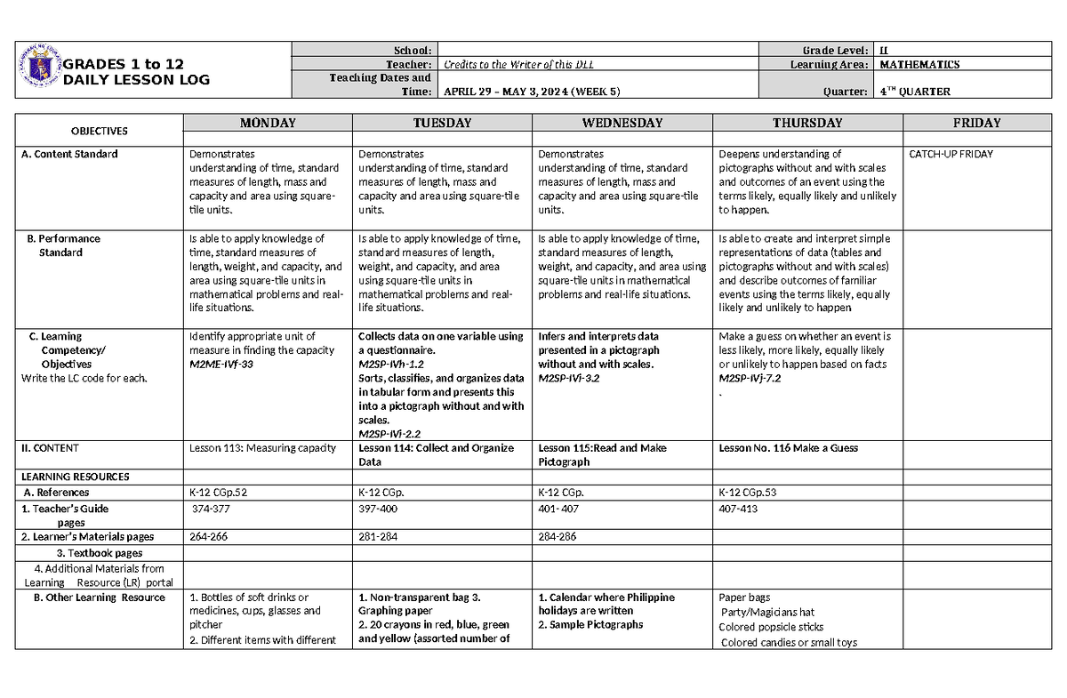 DLL Mathematics 2 Q4 W5-1 - GRADES 1 to 12 DAILY LESSON LOG School ...