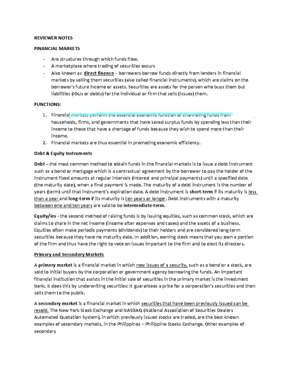 Reviewer Notes (Fin - REVIEWER NOTES FINANCIAL MARKETS Are structures ...