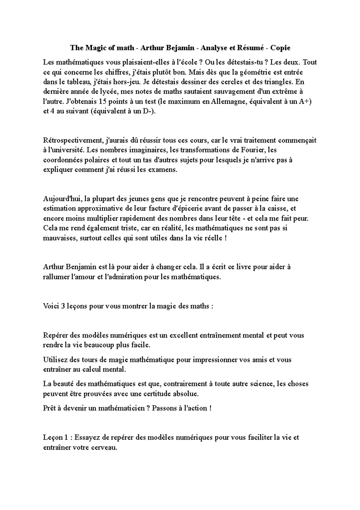 The Magic of math - Arthur Bejamin - Analyse et Résumé - Copie - The ...