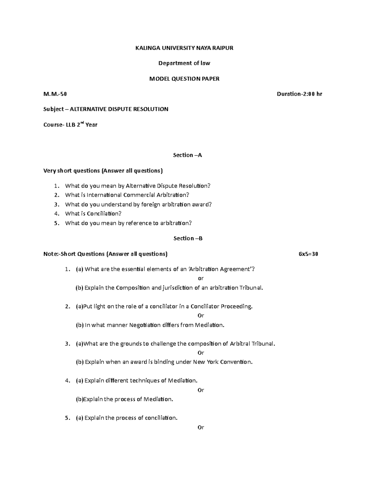 ADR model paper - ALTERNATIVE DISPUTE RESOLUTION - KALINGA UNIVERSITY ...