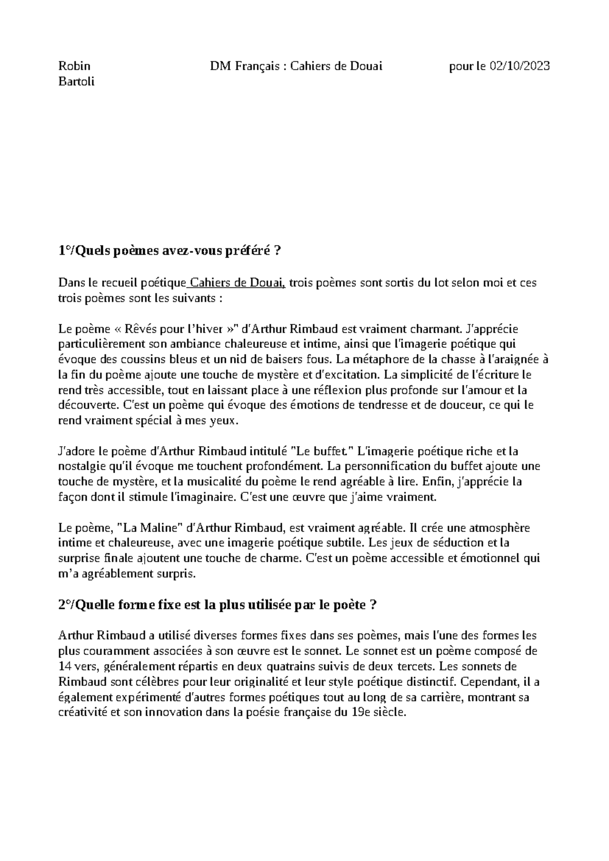 DM - non - Robin DM Français : Cahiers de Douai pour le 02/10/ Bartoli ...