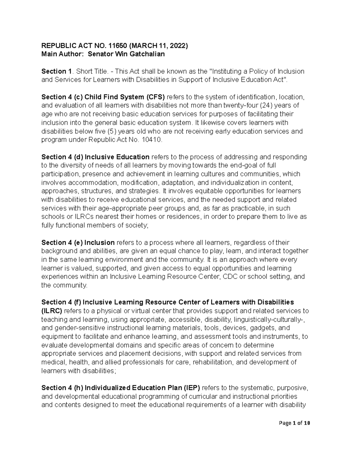 Inclusive-laws - REPUBLIC ACT NO. 11650 (MARCH 11, 2022) Main Author ...