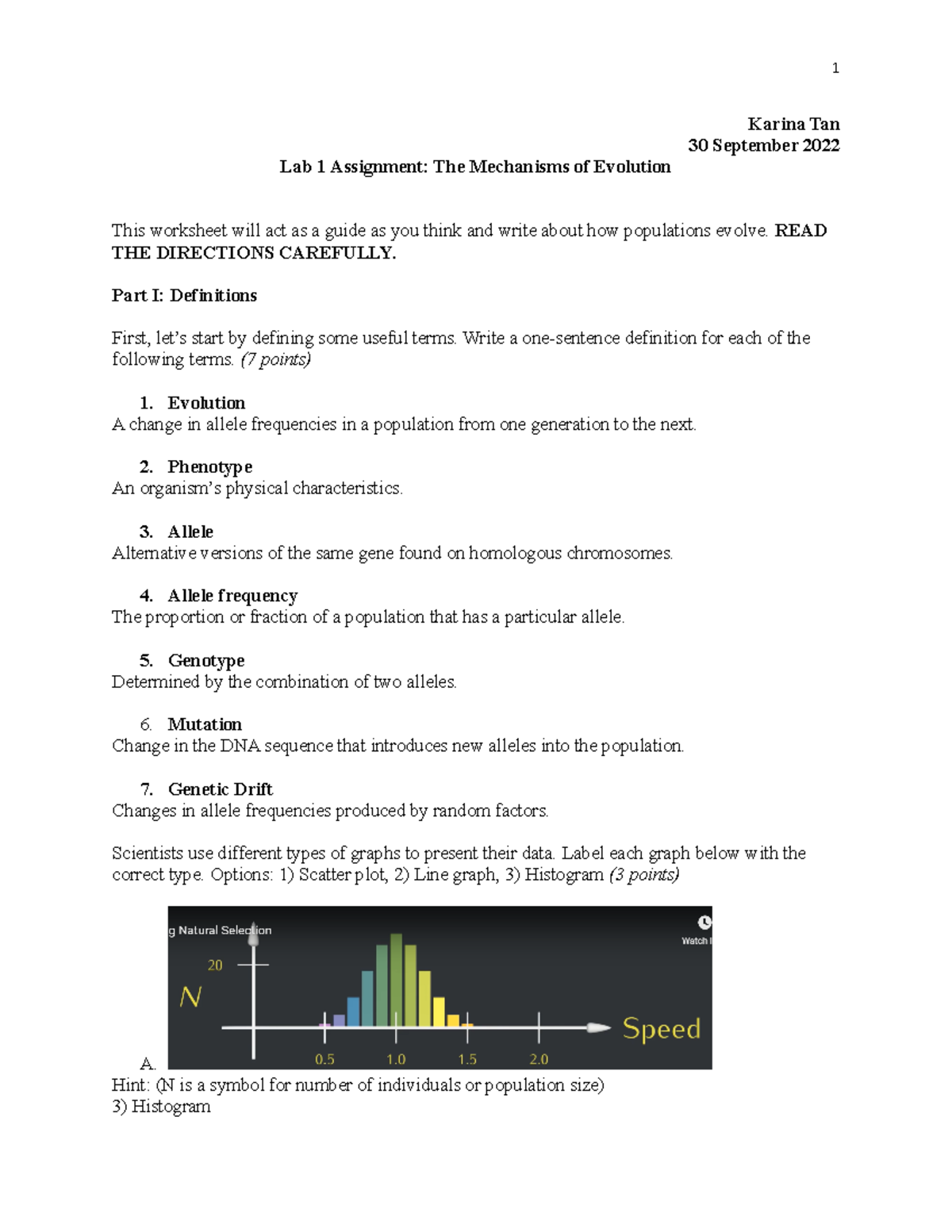 Lab 1 Assignment-The Mechanisms of Evolution - Karina Tan 30 September ...