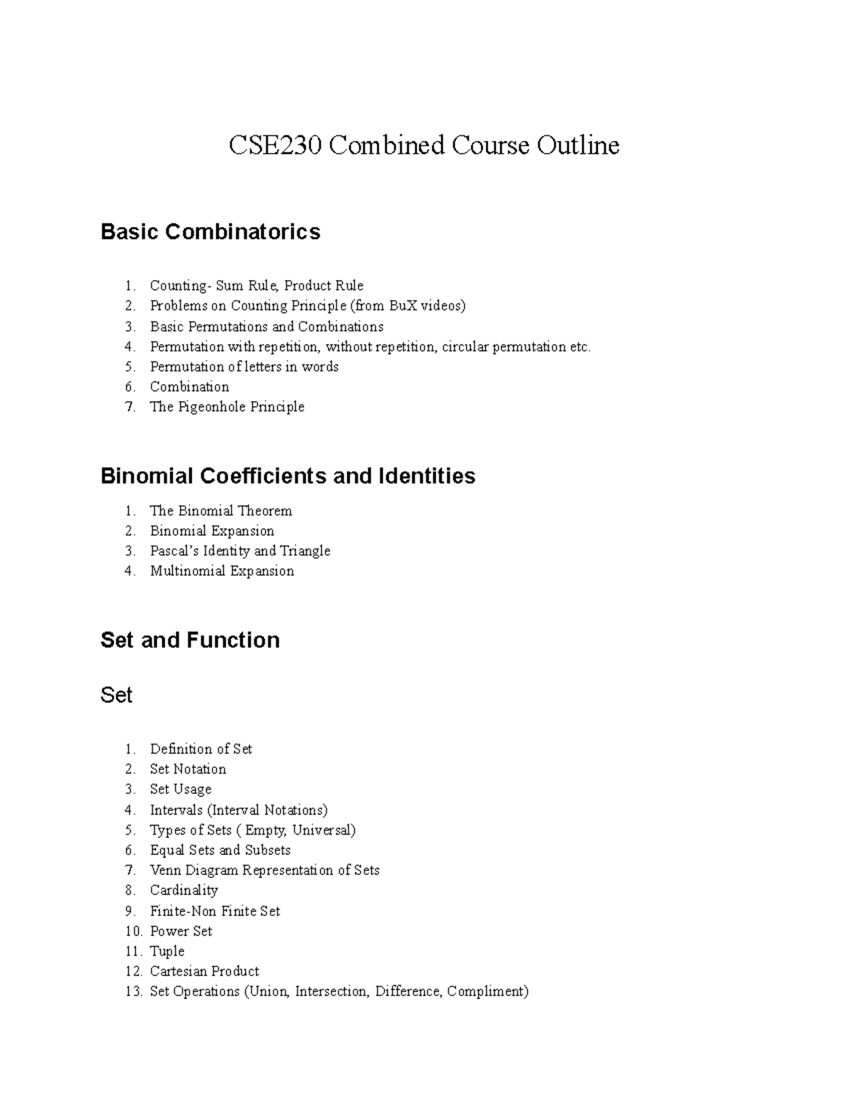 Cse 230 Combined Course Outline Cse230 Combined Course Outline Basic Combinatorics Counting
