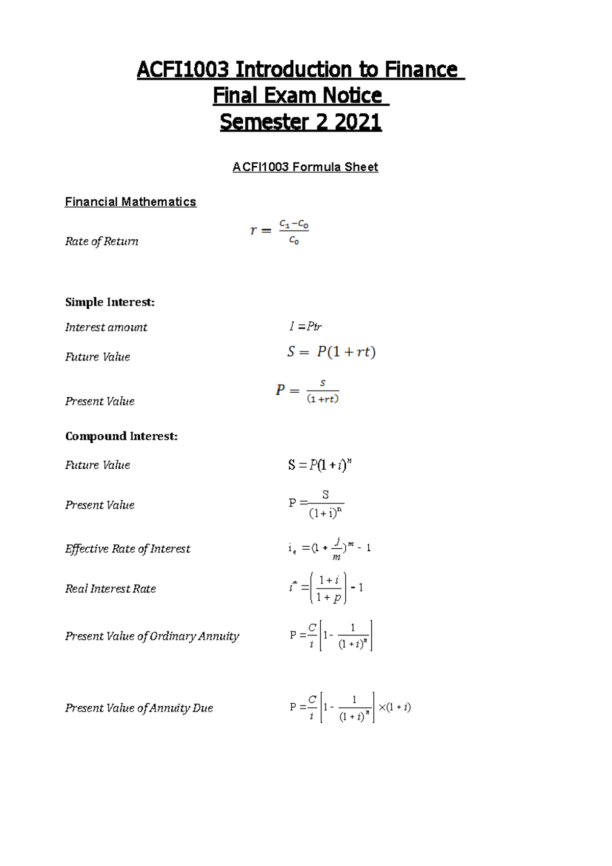 ACFI1003 Financial Equations 2021 Semester 2 - ACFI 1003 Introduction ...