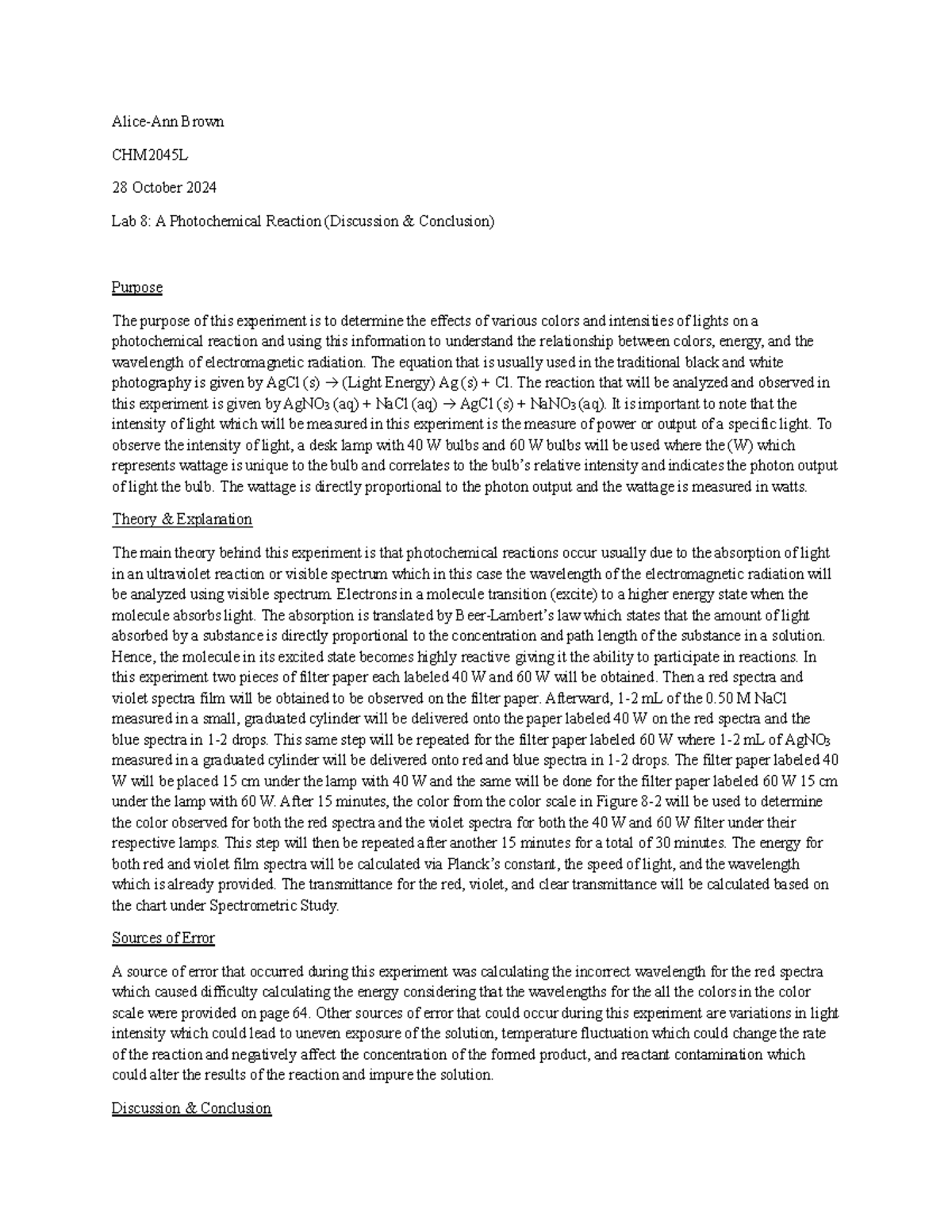 Lab 8 - A Photochemical Reaction (Discussion & Conclusion - Alice-Ann ...