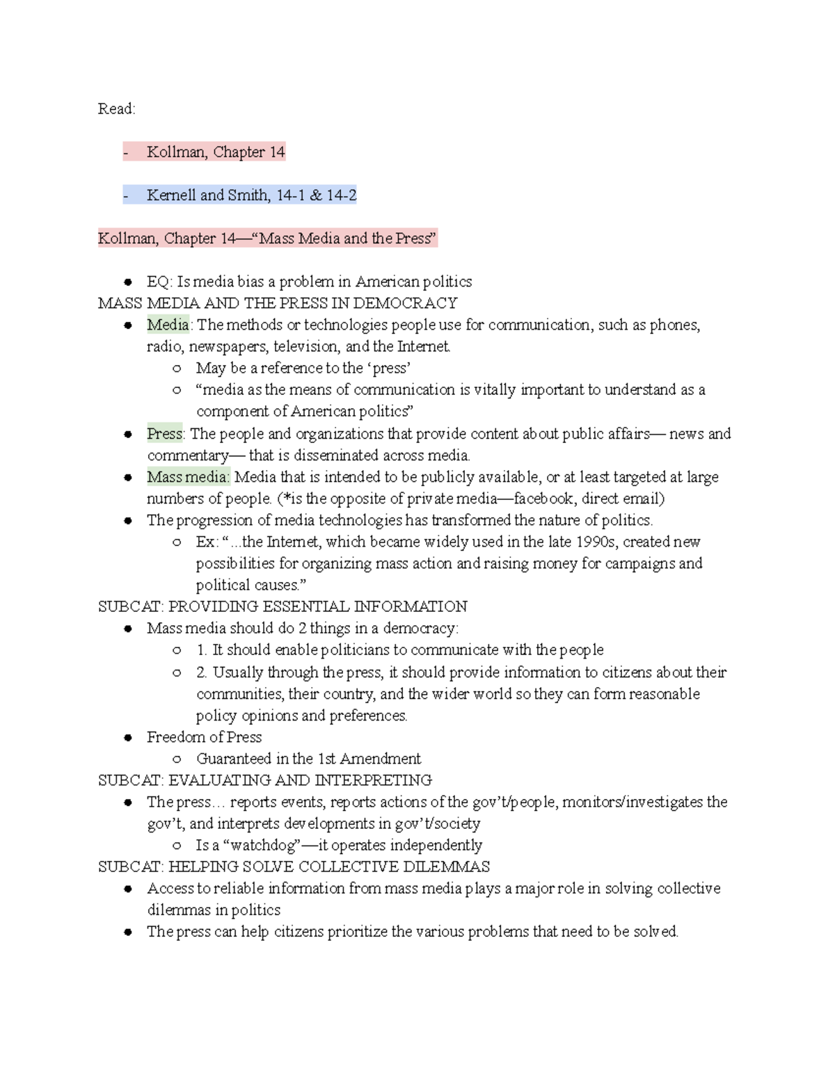 Week 9 - Notes on Mass Media. - Read: Kollman, Chapter 14 Kernell and ...