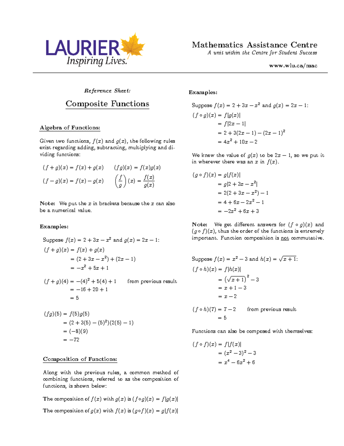 Composite Functions - ma102 - Mathematics Assistance Centre A unit within the Centre for Student ...