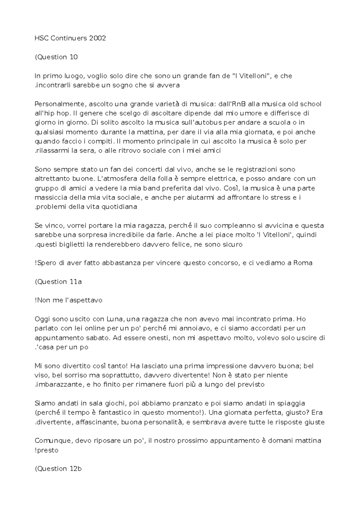 Italian 2002 :3 HSC Writing Task - HSC Continuers 2002 (Question 10 In ...