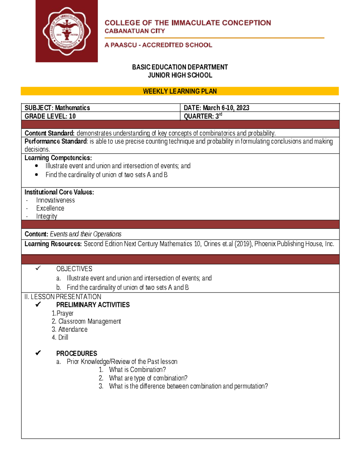 Math 10 Lesson Plan - okay - BASIC EDUCATION DEPARTMENT JUNIOR HIGH ...