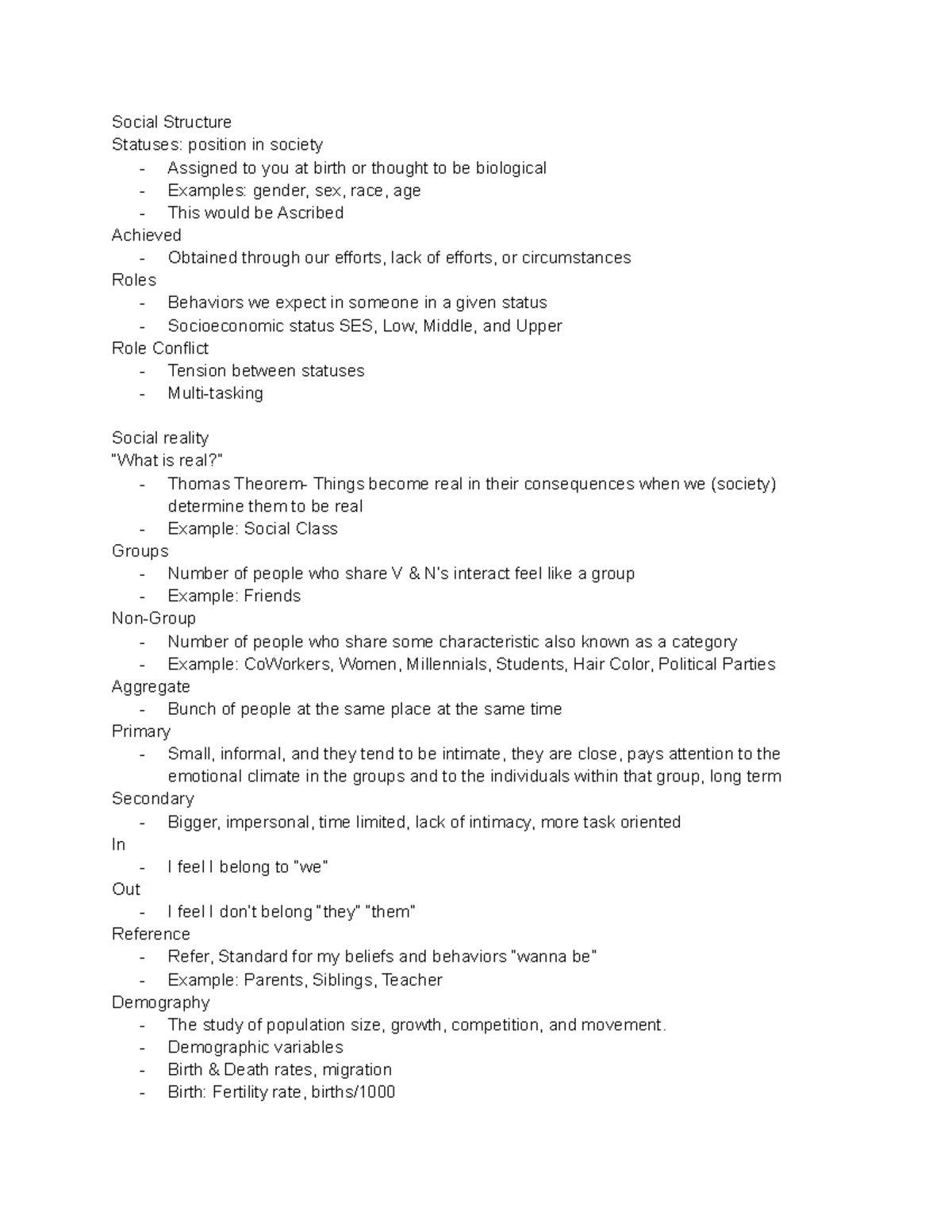 Notes - Social Structure - Social Structure Statuses: position in ...