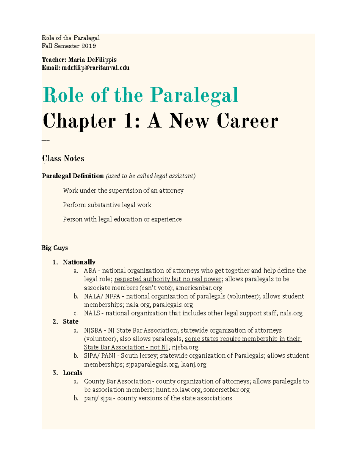 Class Notes Ch 1 - A New Career - Role of the Paralegal Fall Semester ...