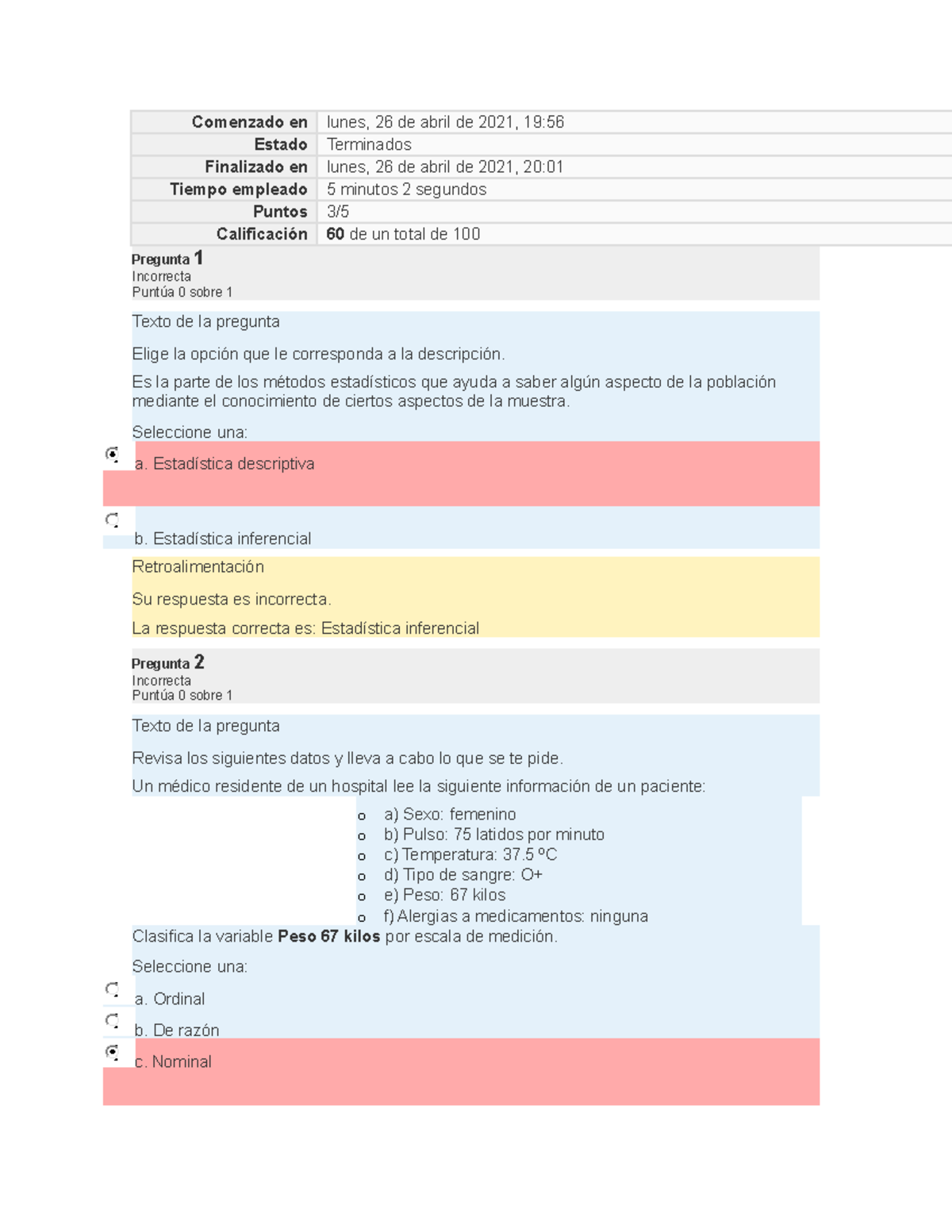 Examen 1 de probabilida y estadistica - Comenzado en lunes, 26 de abril ...