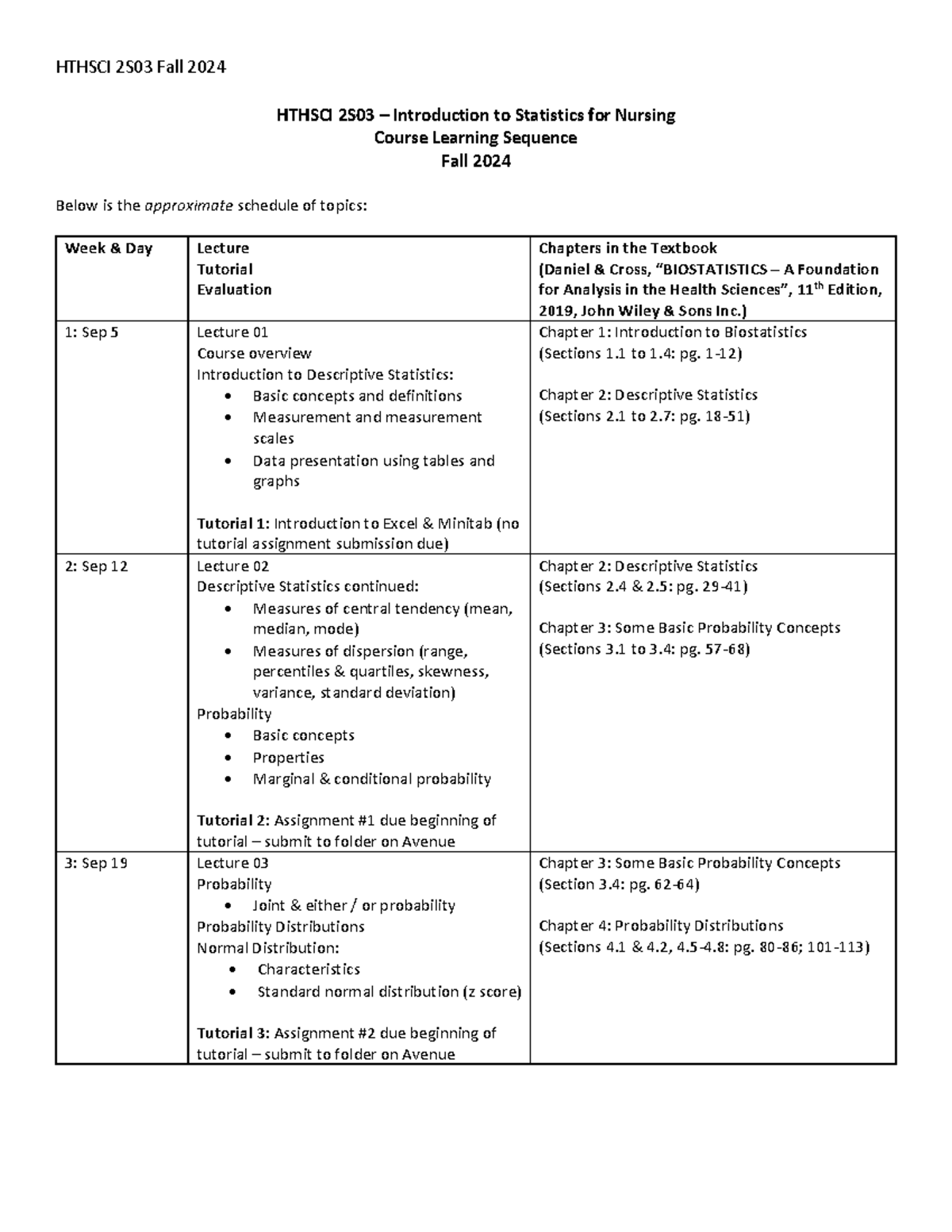 Hthsci 2S03 Course Learning Sequence F2024 - HTHSCI 2S03 Fall 2024 HTHSCI 2S03 – Introduction to ...