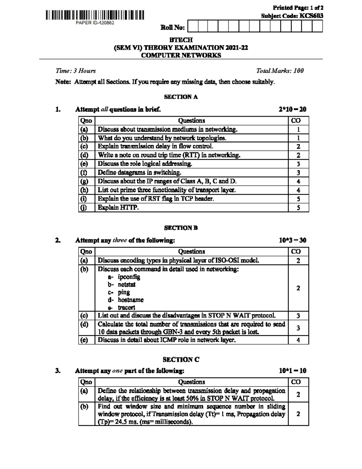 Computer NETWORK - B.tech - Time: 3 Hours Total Marks: 100 all three one - Studocu