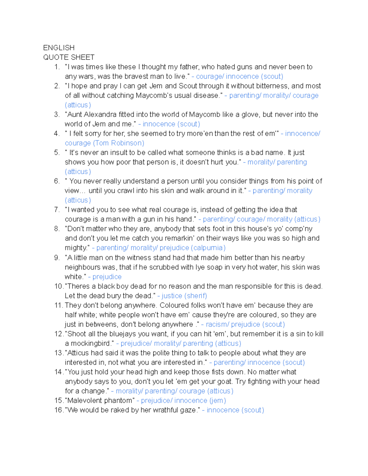 TKM - To kill a mocking bird quotes - ENGLISH QUOTE SHEET “I was times ...