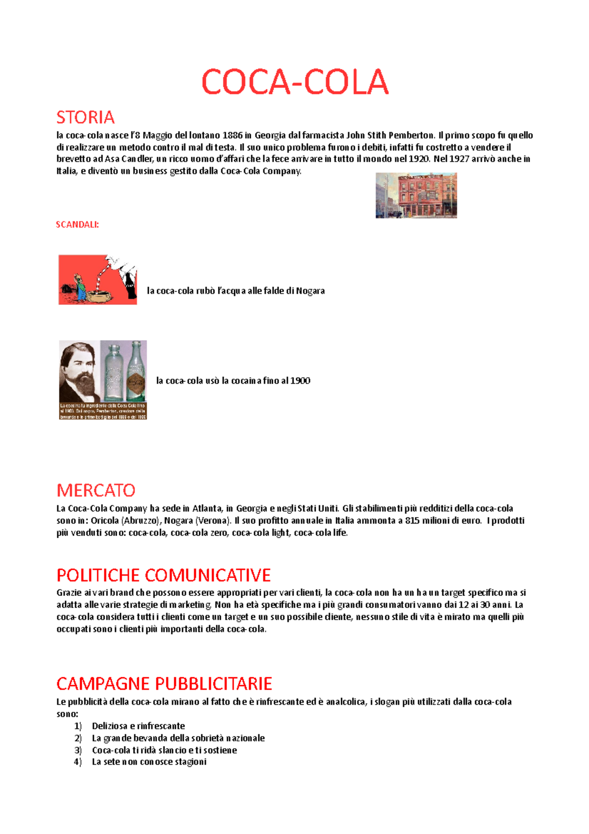 Coca-cola brief - COCA-COLA STORIA la coca-cola nasce l’8 Maggio del ...