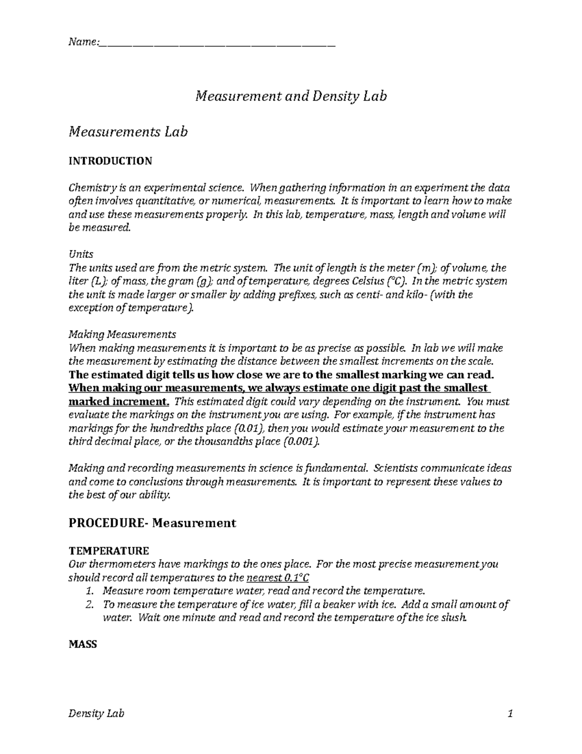 Meausrement and Density Lab - Measurement and Density Lab Measurements ...
