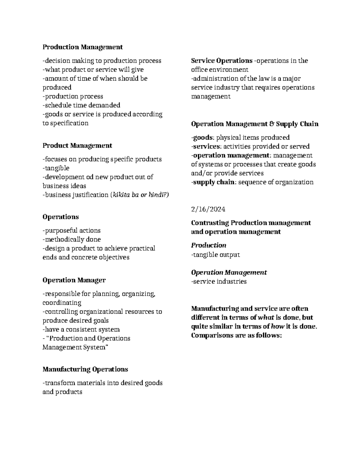 notes for more information in Management - Production Management ...