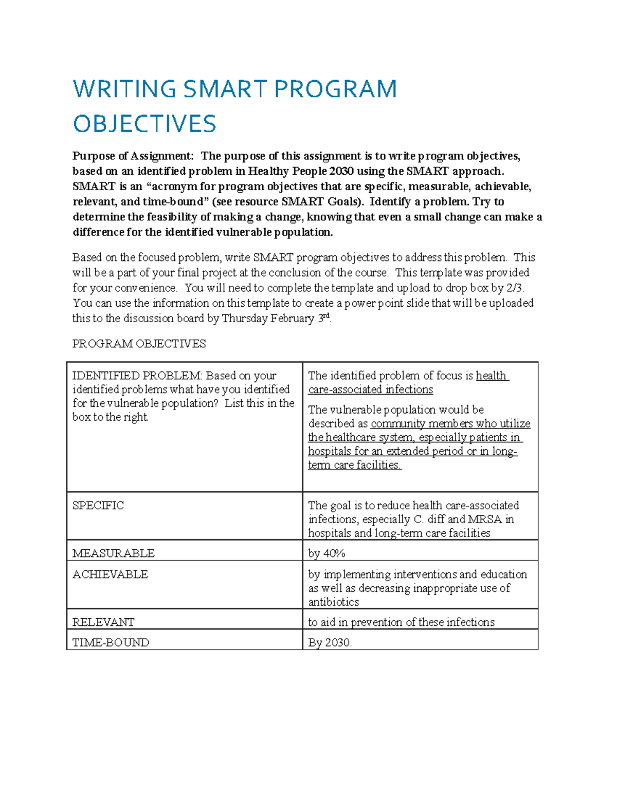 Week 3 worksheet - WRITING SMART PROGRAM OBJECTIVES Purpose of ...