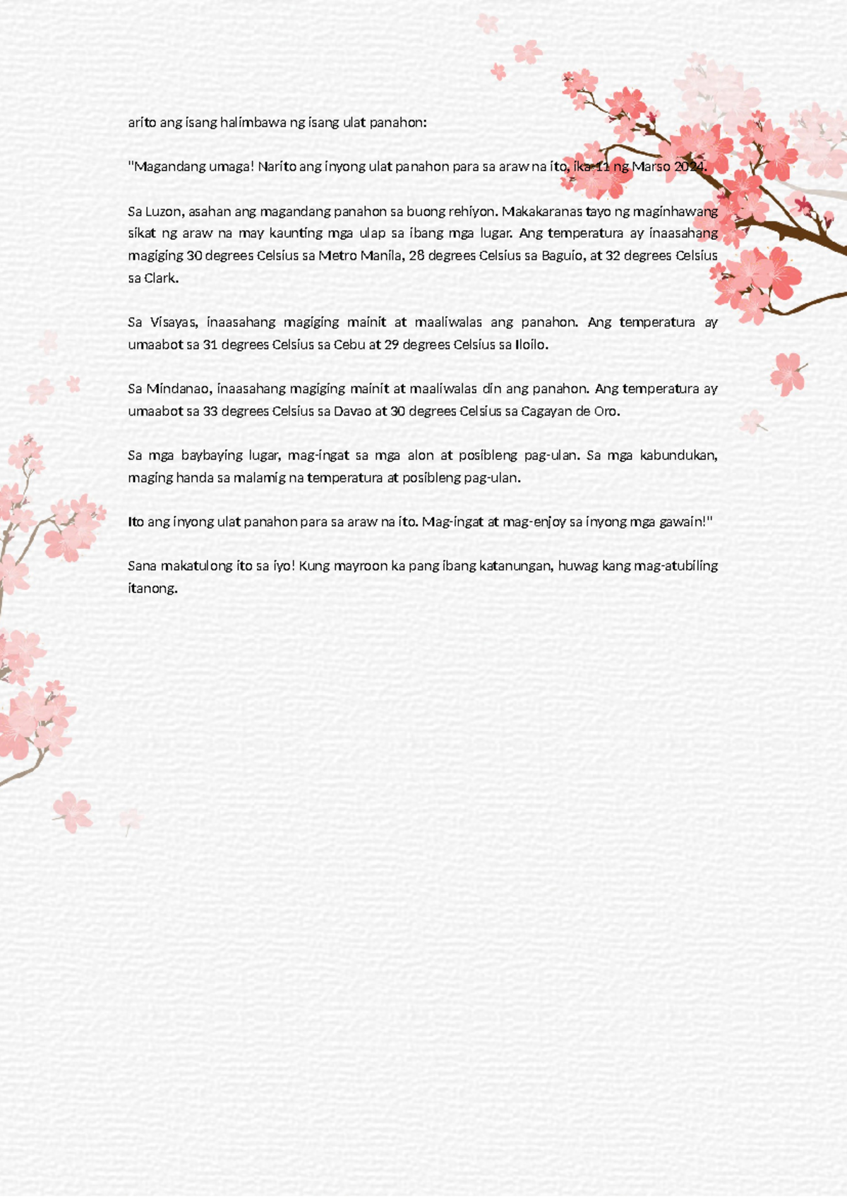 Ulat Panahon Iskrip Sample - arito ang isang halimbawa ng isang ulat ...