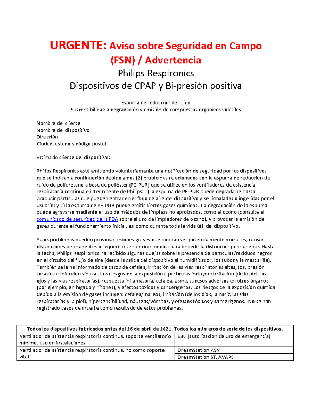 Colombia - Final CPAP FSN Letter - Distributor Model - URGENTE: Aviso ...