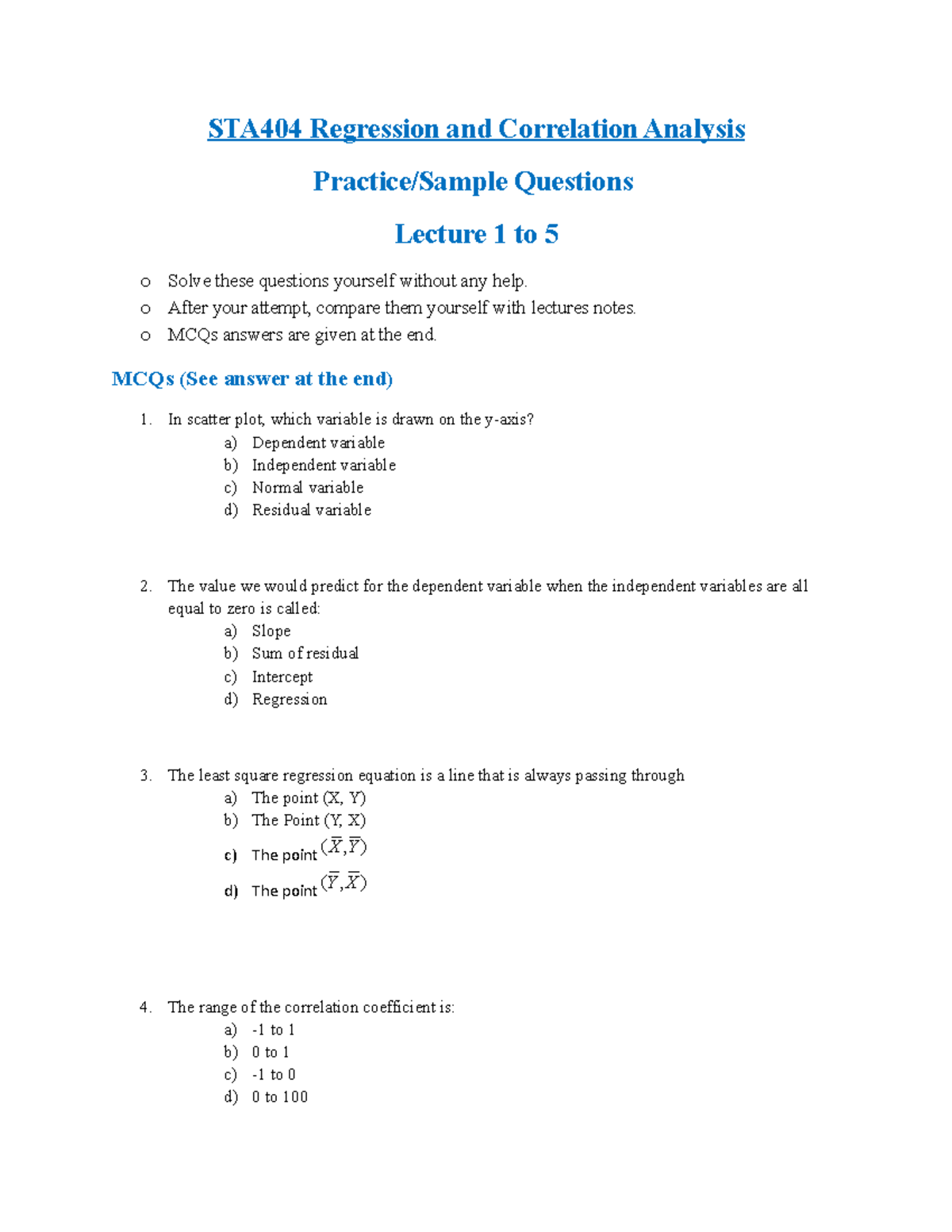 Practice Sample Questions STA404 (Lecture 1 to 5) - STA404 Regression ...