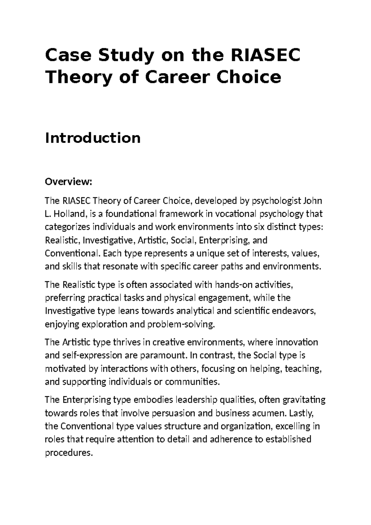 POE practice -8 - Case Study on the RIASEC Theory of Career Choice ...