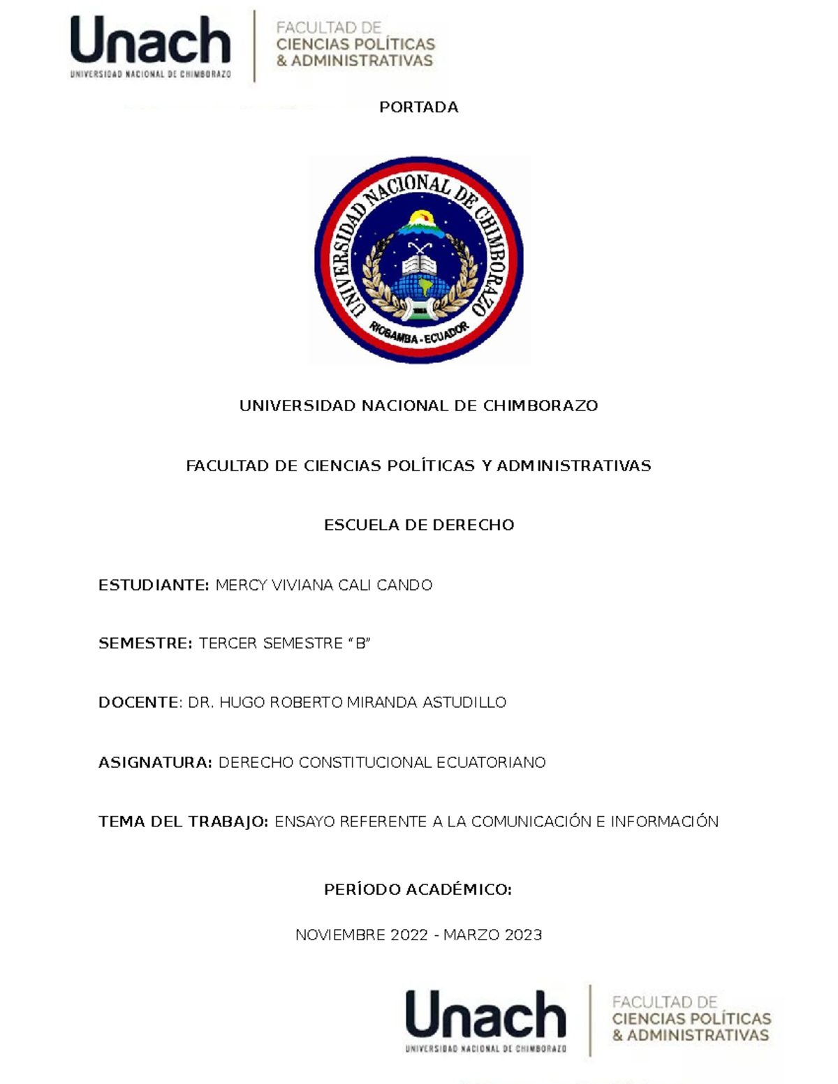 Ensayo Referente A LA Comunicación E Información - PORTADA UNIVERSIDAD NACIONAL DE CHIMBORAZO ...