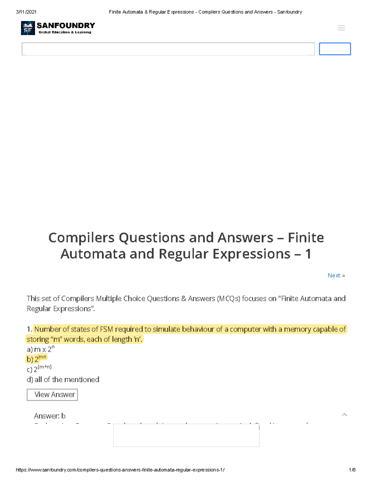 Finite Automata & Regular Expressions - Compilers Questions and Answers - Sanfoundry - Next ...