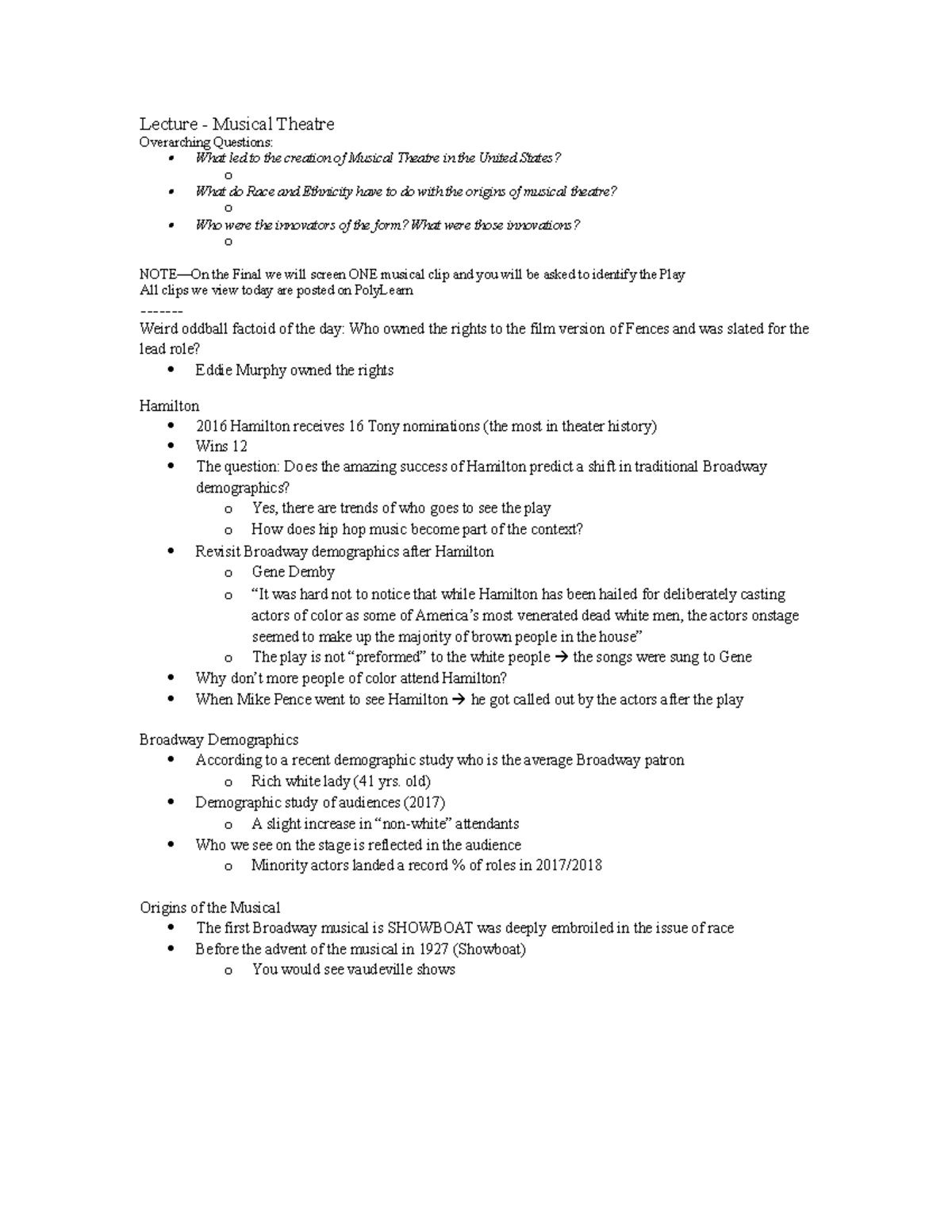 Lecture Musical Theatre - Lecture - Musical Theatre Overarching ...