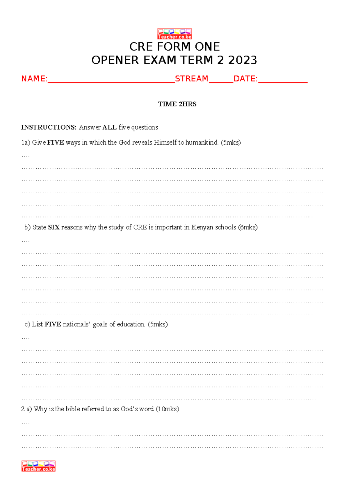 CRE-F1-QS-Term-2-Opener-2023-Teacher co ke - CRE FORM ONE OPENER EXAM ...