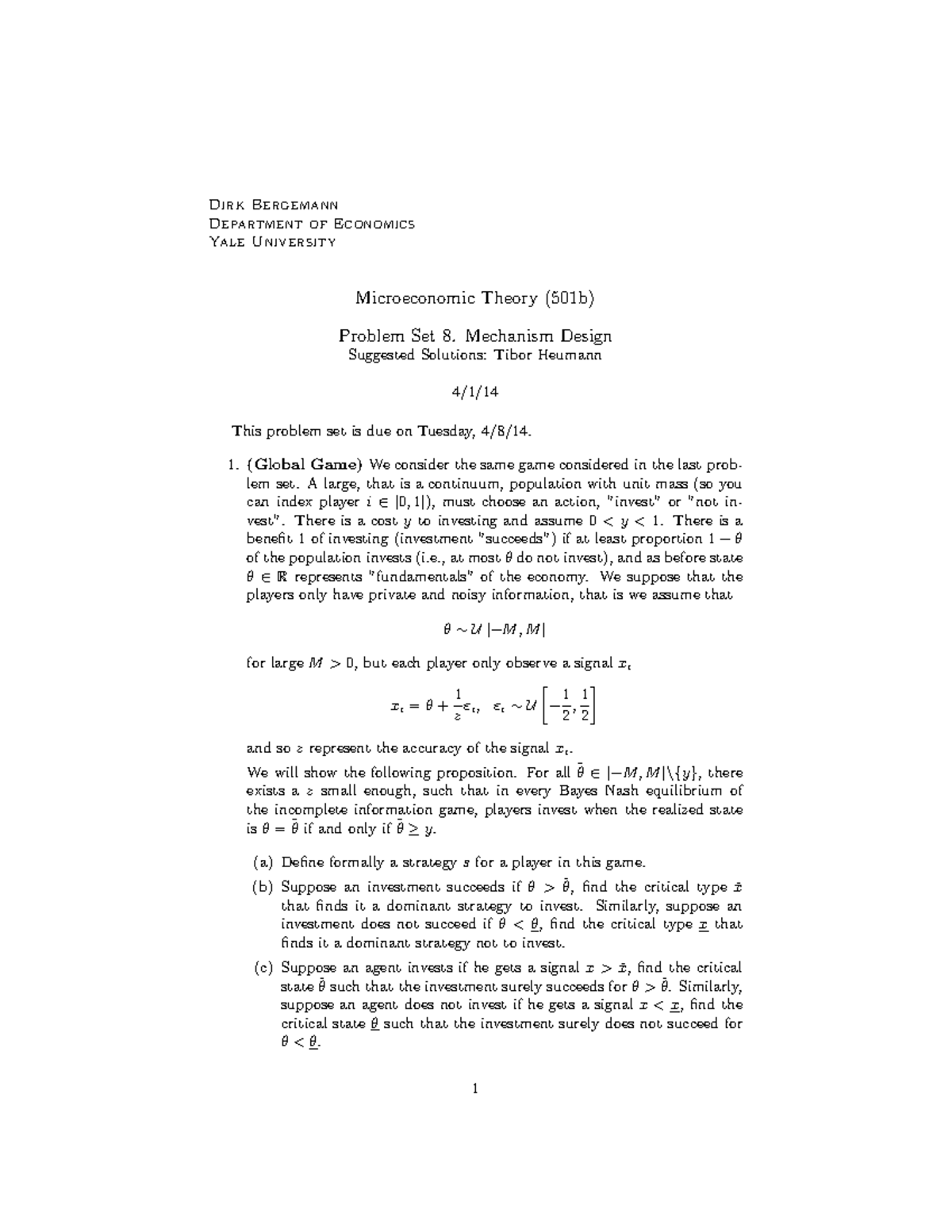 Mechanism Design Solutions - Dirk Bergemann Department of Economics ...