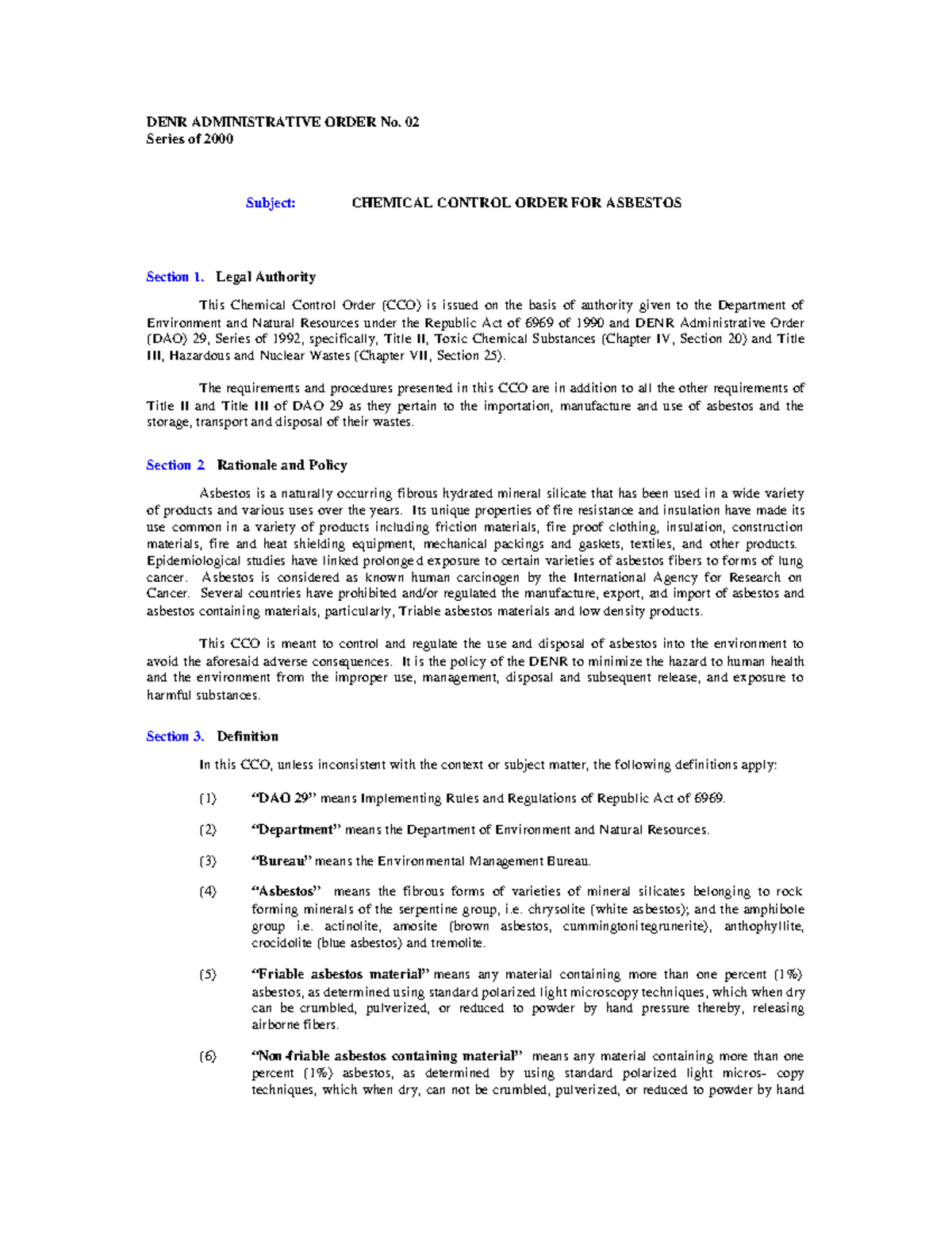 DAO 02-2000 cco asbestos - DENR ADMINISTRATIVE ORDER No. 02 Series of ...